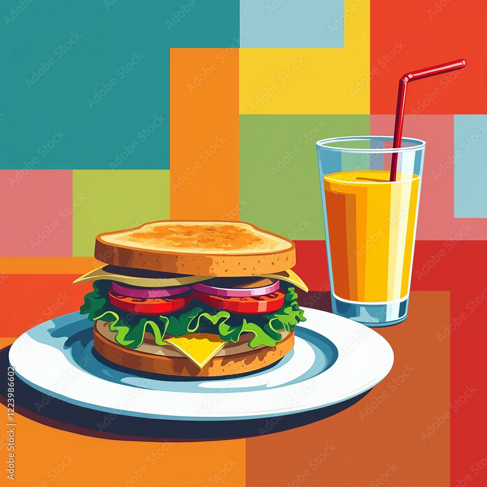 Geometric Food Illustration. Stylized Sandwich and Juice. Pop Art Lunch ...