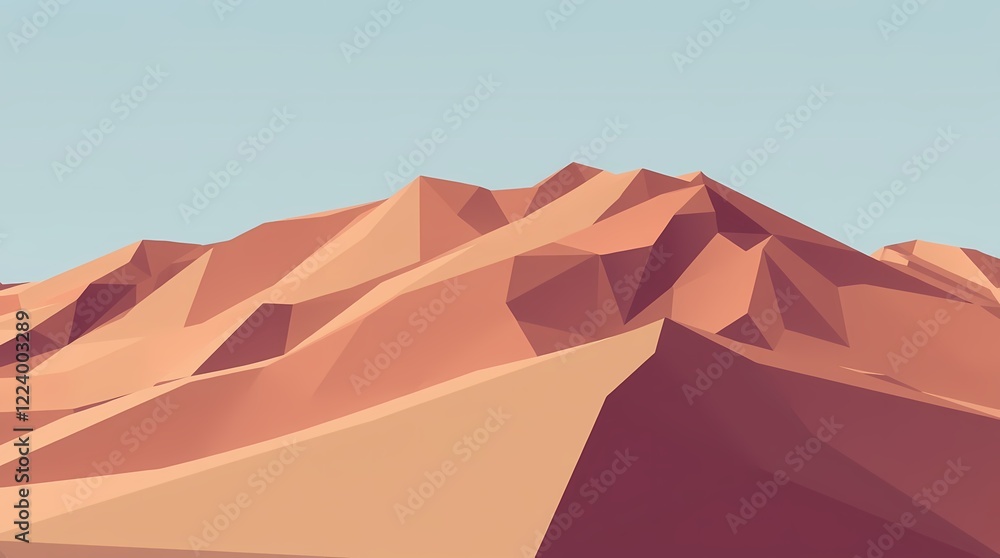Abstract digital artwork depicting a geometric landscape composed of ...