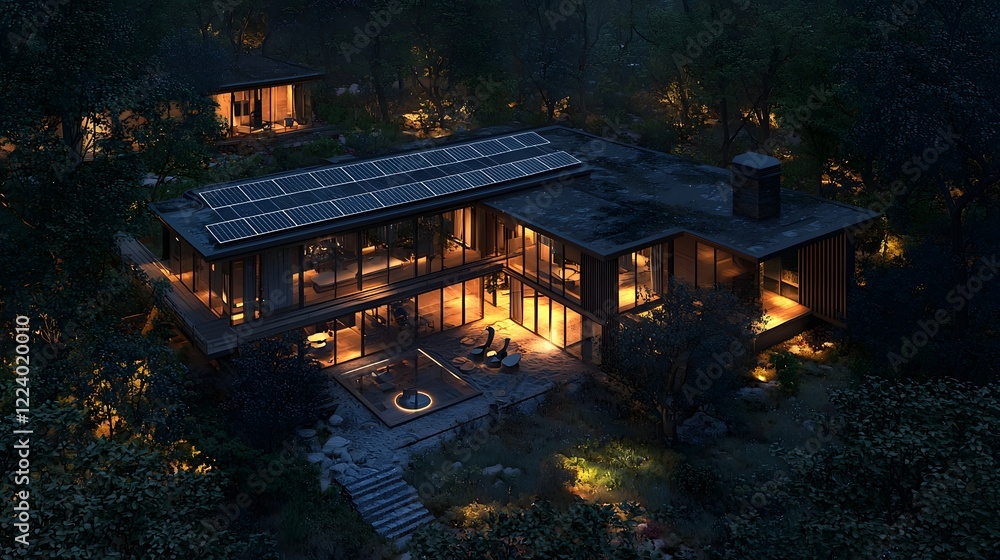 Exterior view of an energy efficient smart home with integrated solar ...