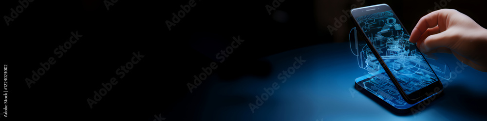 linkedin banner of mobile phone app grid view with blue light map with ...