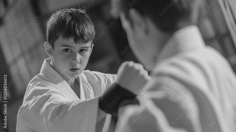 Two focused boys practicing sparring techniques in karate class ...