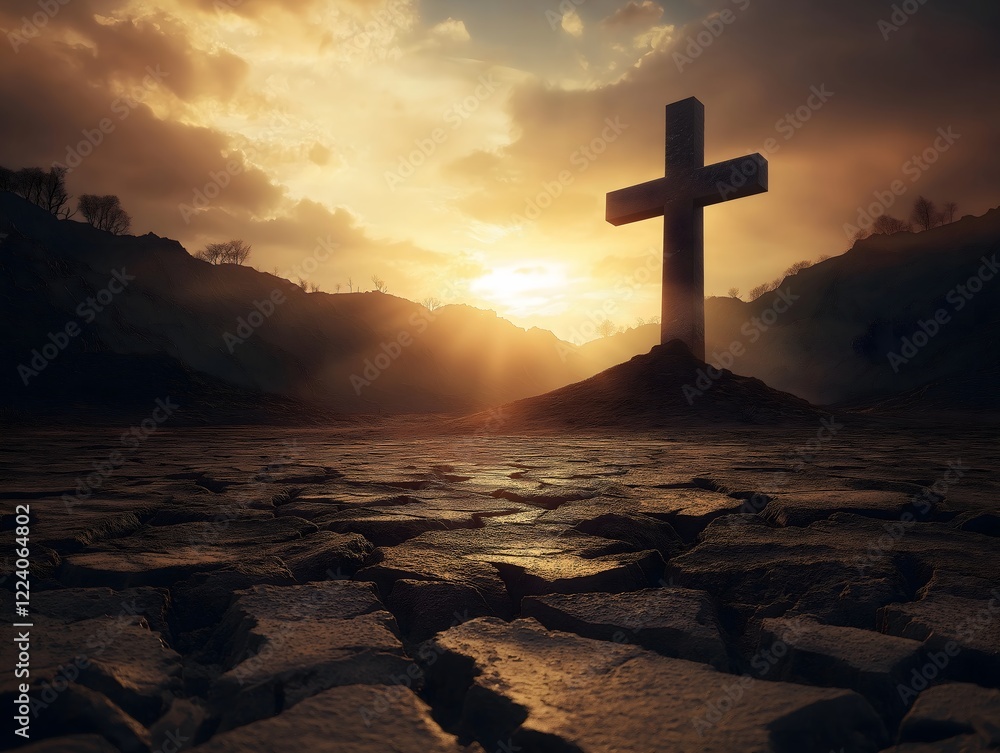 Giant cross embedded in an eroded surface, with a bright sky. Holy Week ...