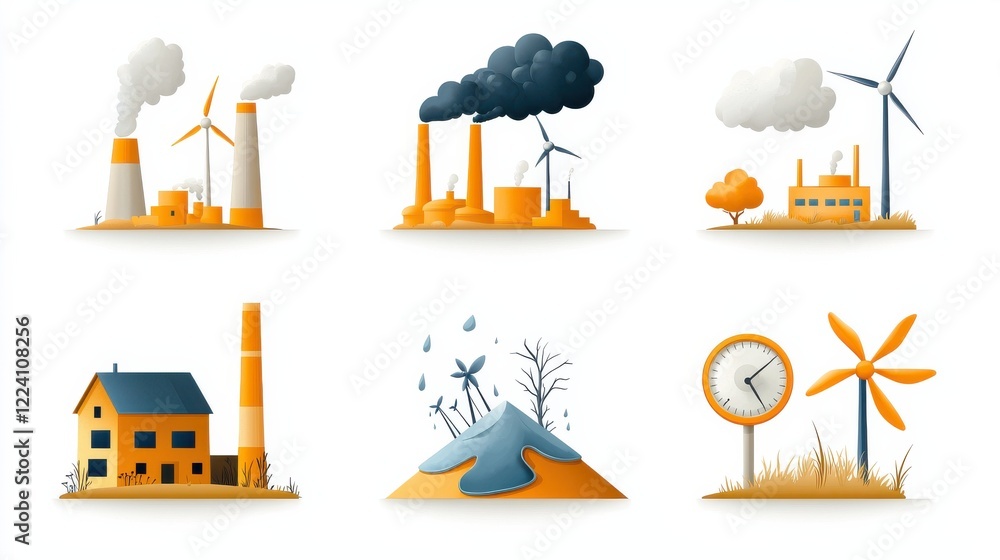 Melting ice icons representing climate change impact in industrial ...