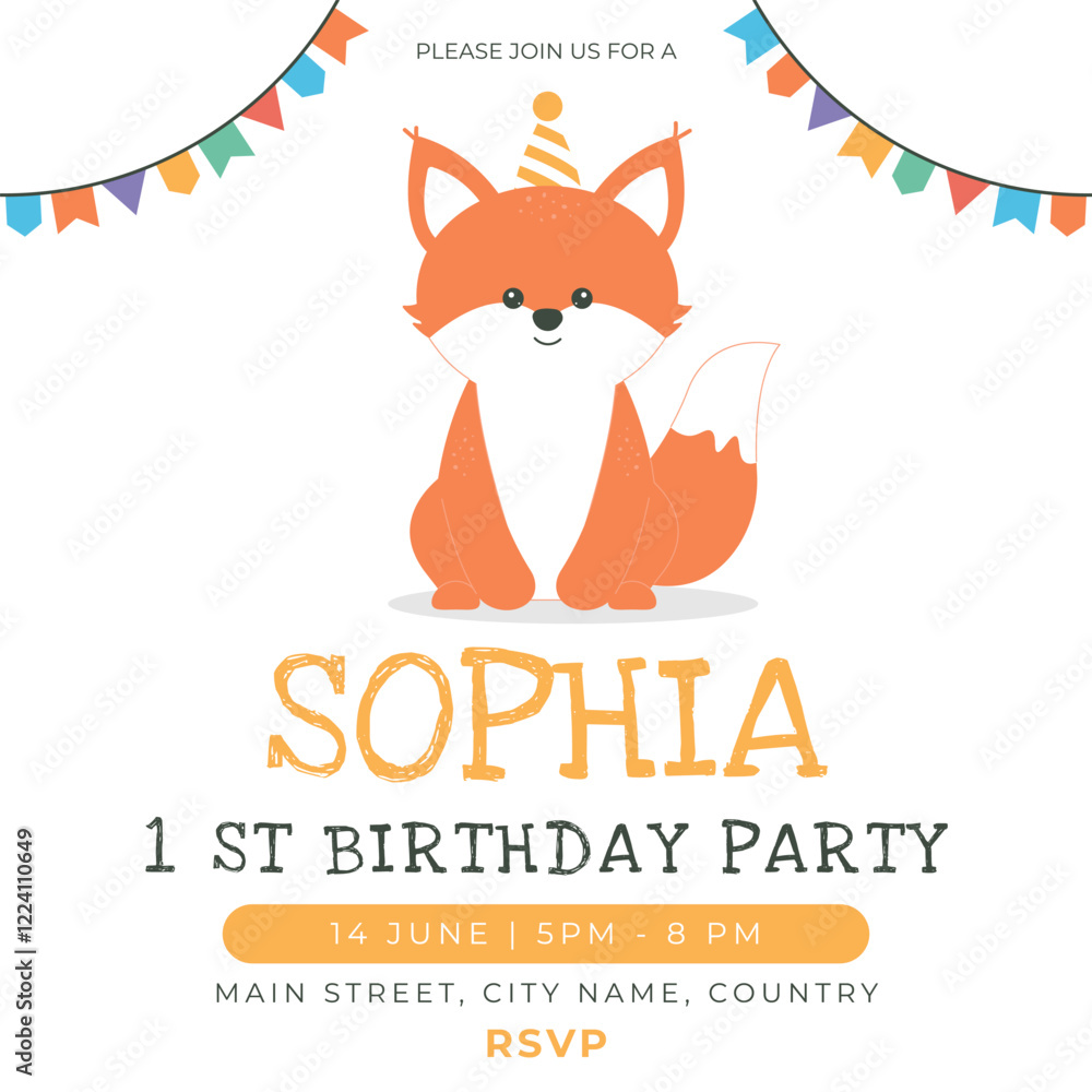 Greeting and invitation card for kids first Birthday party. Cute baby ...