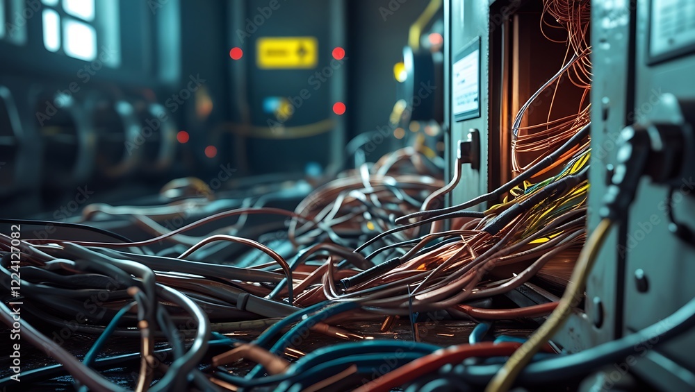 Tangled electrical wires from industrial panel, safety hazard ...