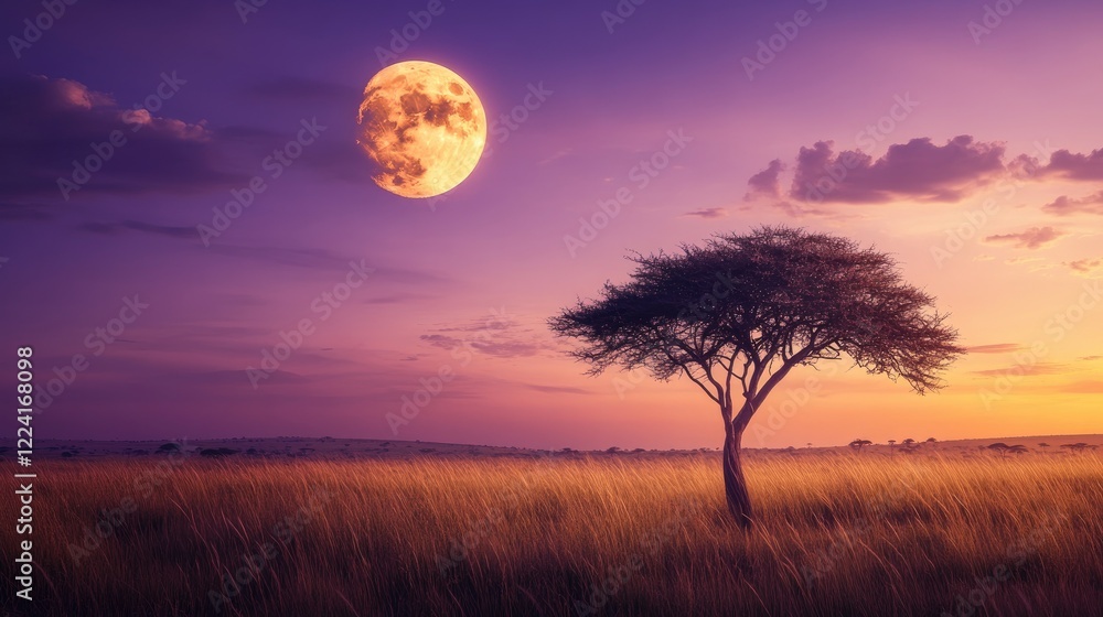The African savanna at dusk, with golden light melting into purple ...