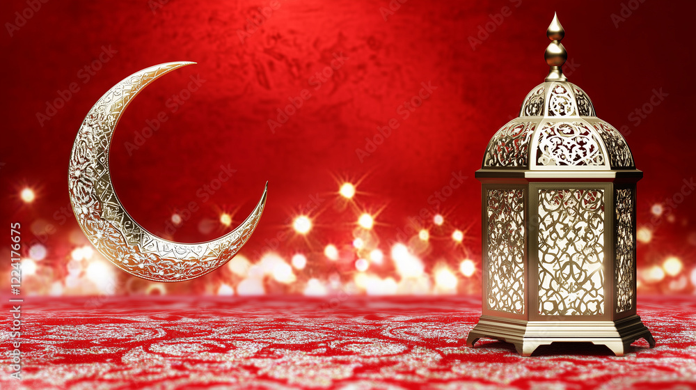 Ramadan Background with Golden Crescent Moon and Traditional Lantern ...