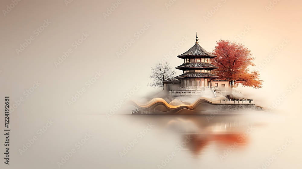 Chinese architectural landmarks outlined in fine gold, deep red and ...