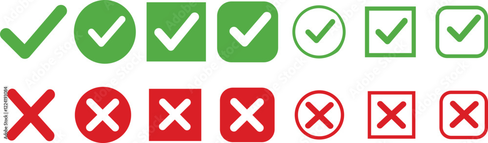 Set green approval check mark and red cross icons collection in circle and square, checklist ...