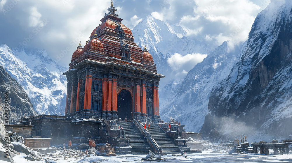 image of an ancient Hindu temple in the Himalayas. Kedarnath temple in ...