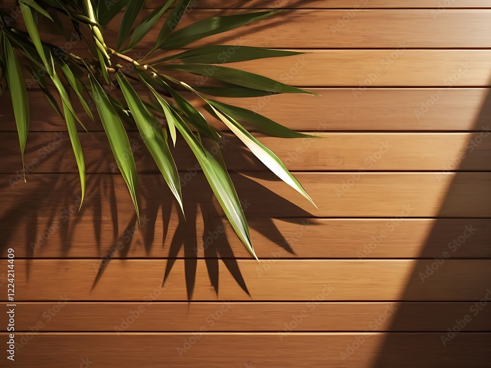 Sunshine of tropical bamboo tree leaf shadow on the brown wooden panel ...