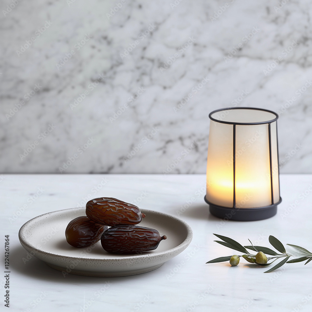 Ramadan iftar breaking fast with dates and water. Arabic lantern on the ...