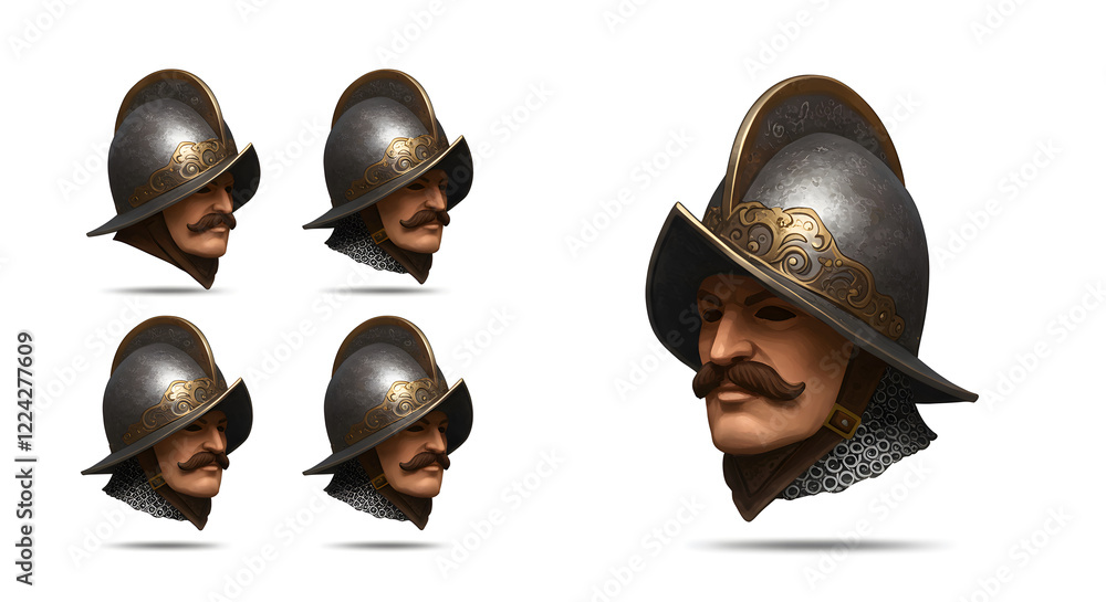 Conquistador Head Portraits Game Asset Pack isolated on white ...