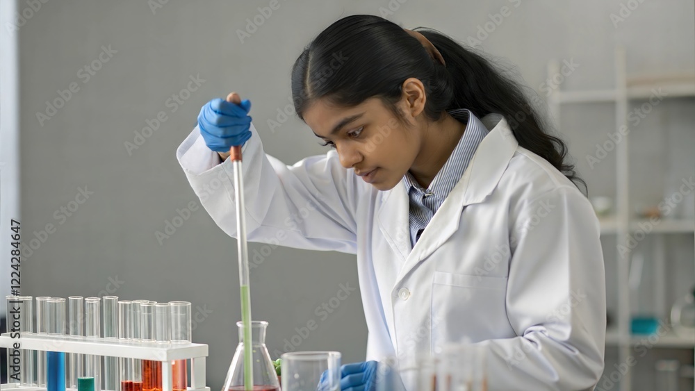 An Indian student in a white lab coat conducting an experiment in a science lab. She is focused ...