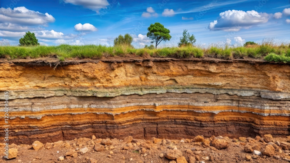 Deep earth soil layer cutaway revealing layers of sedimentary rock and ...