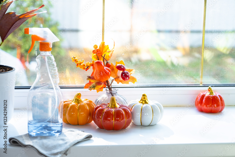 Pumpkin decor and window cleaning products are lying on windowsill with ...