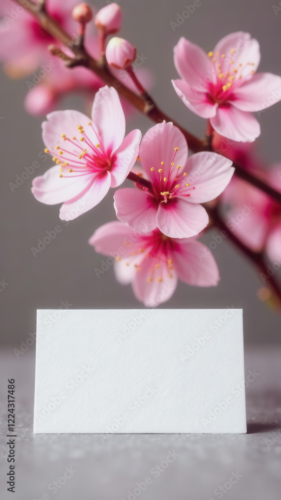 Blank business or invitation card with flowering pink sakura branch ...