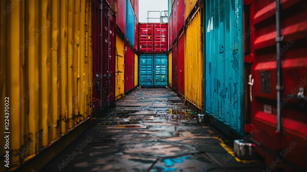 Truck maneuvering through tight space between shipping containers a ...
