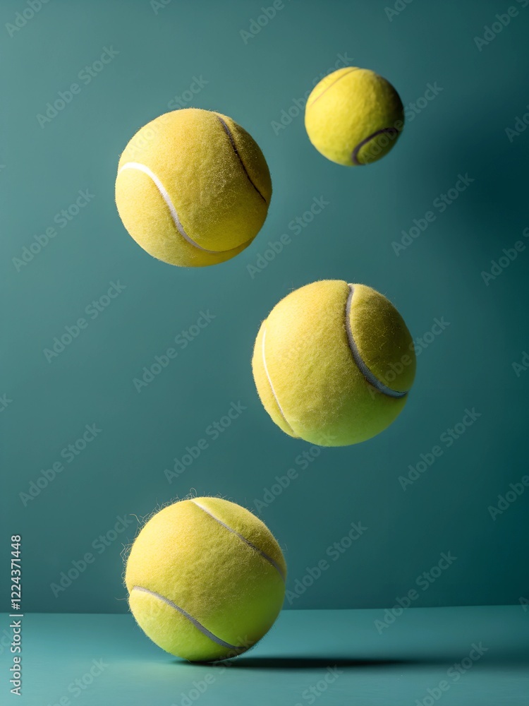 Four fuzzy yellow tennis balls float mid-air against a dark teal ...