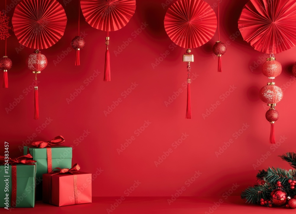 Red background, red paper fans, and green gift boxes on the left side ...