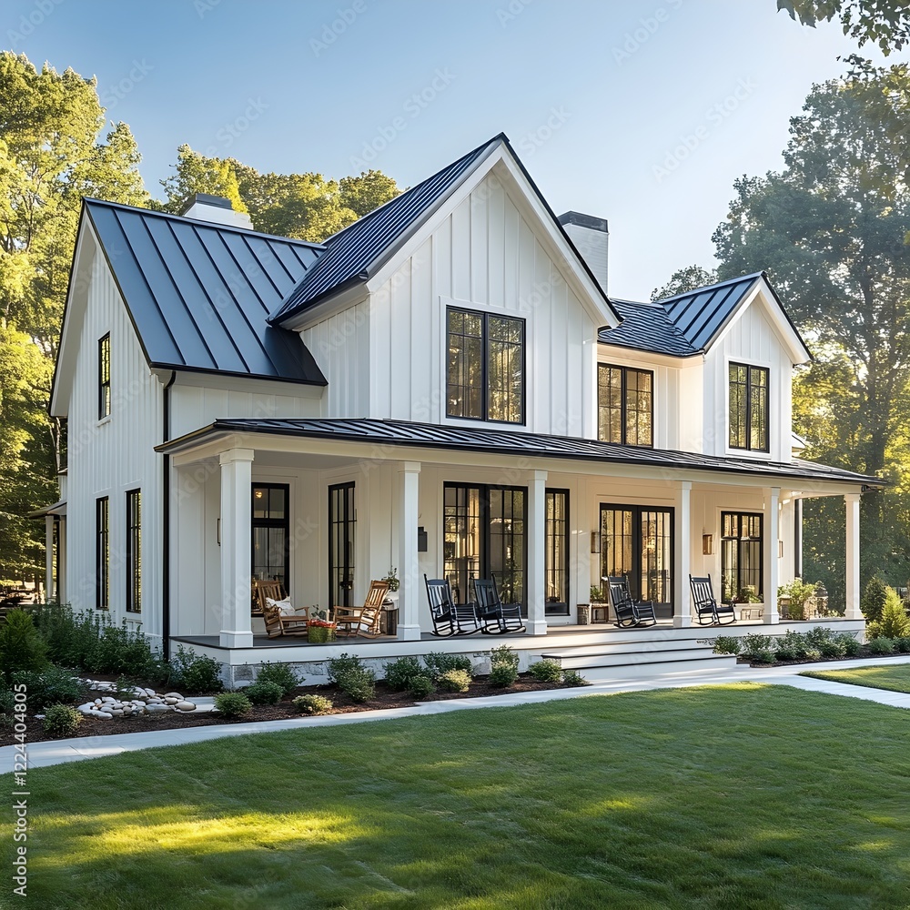 A modern farmhouse with white board-and-batten siding, black window ...