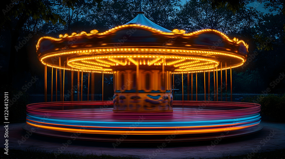 Illuminated carousel spinning at night in park; motion blur effect ...