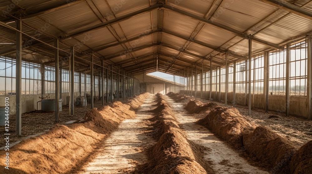 Compost piles in rural shed, sunlight streams through windows ...