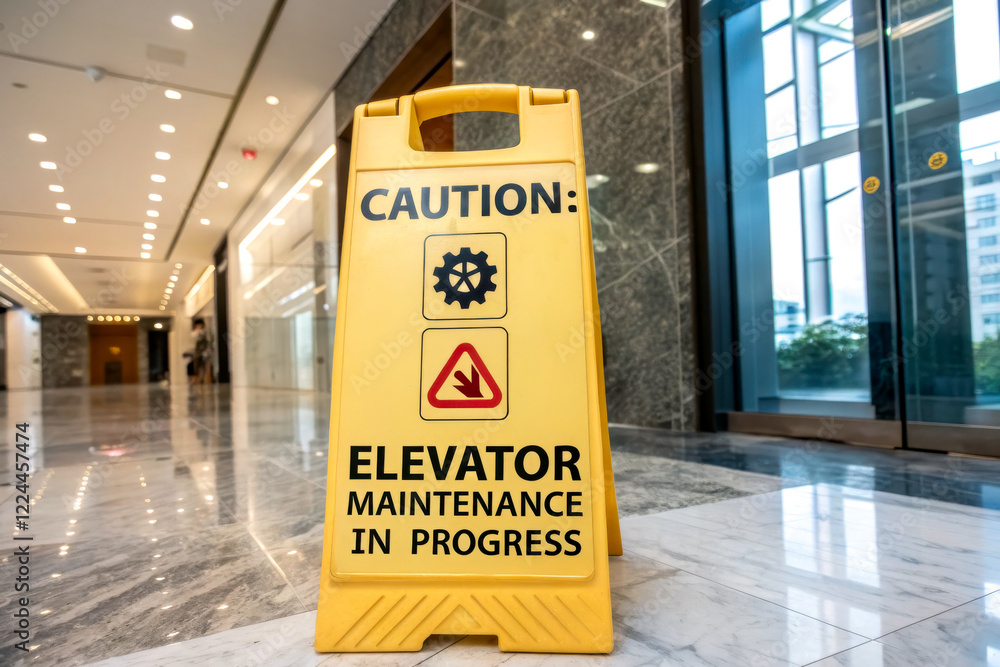 A bright yellow caution sign indicating elevator maintenance in progress, placed in a modern ...