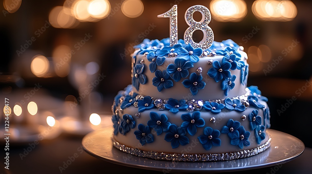 Elegant Two-Tiered 18th Birthday Cake with Blue Flowers Stock Photo ...