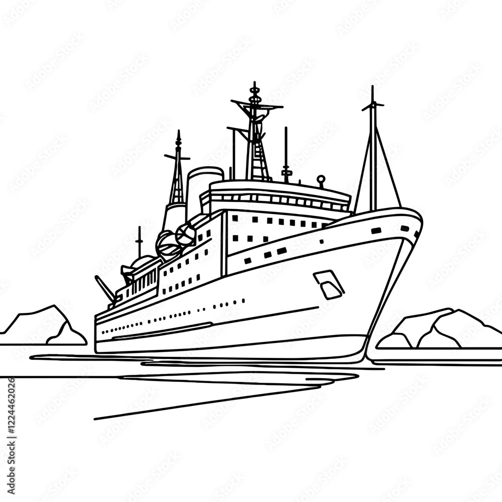 Arctic icebreaker, vector, black line drawing, minimalistic, single ...