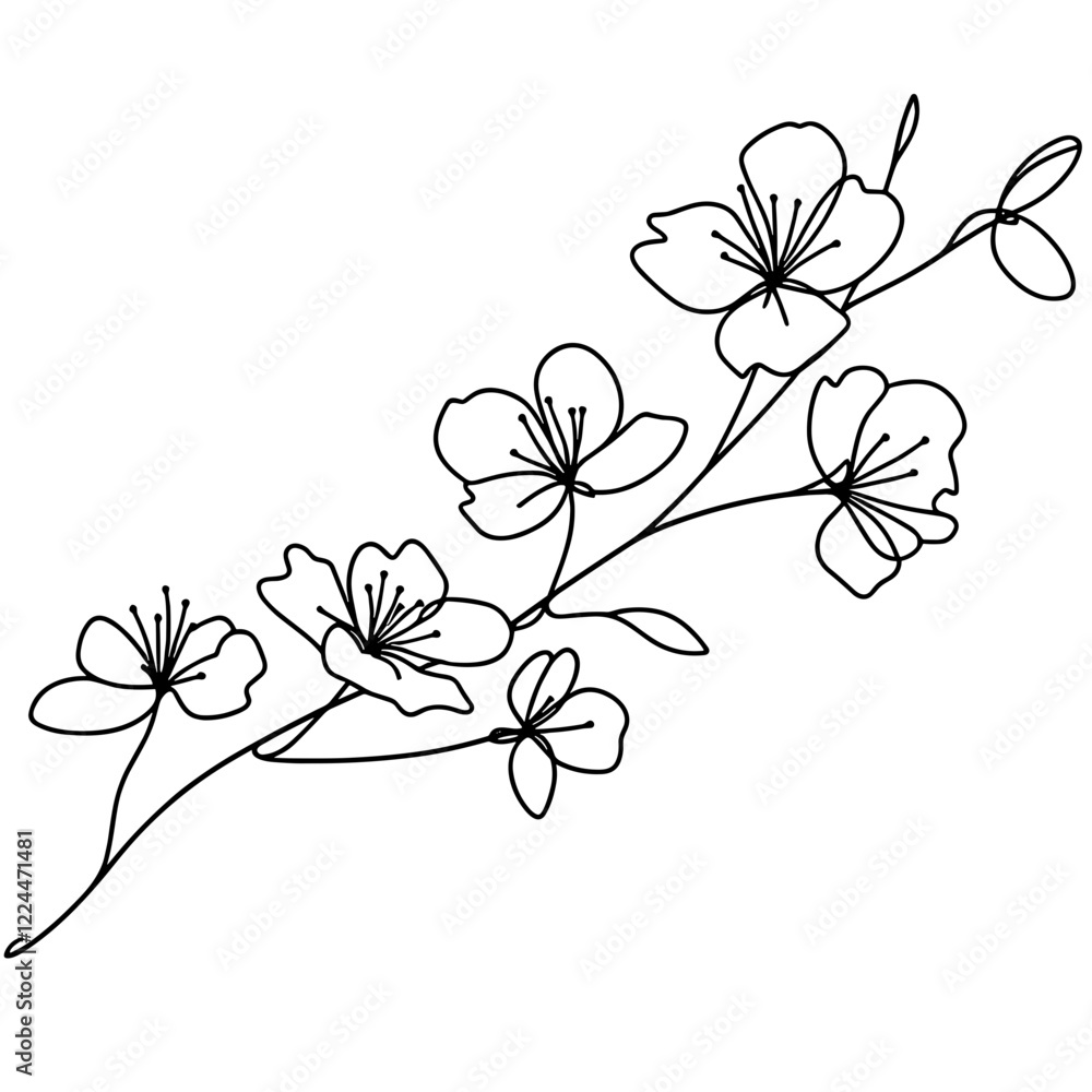 Sakura branch, vector, black line drawing, minimalistic, single line ...