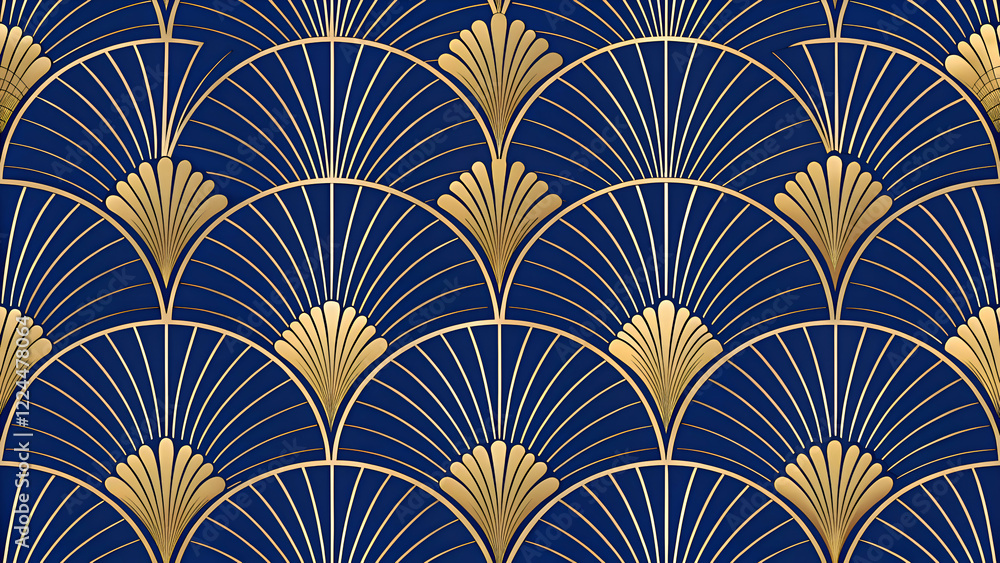 Royal Blue and Gold A seamless art deco pattern where golden fan motifs ...