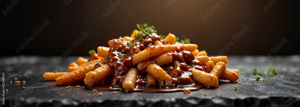 Gourmet poutine with glossy gravy on textured stone backdrop, culinary ...