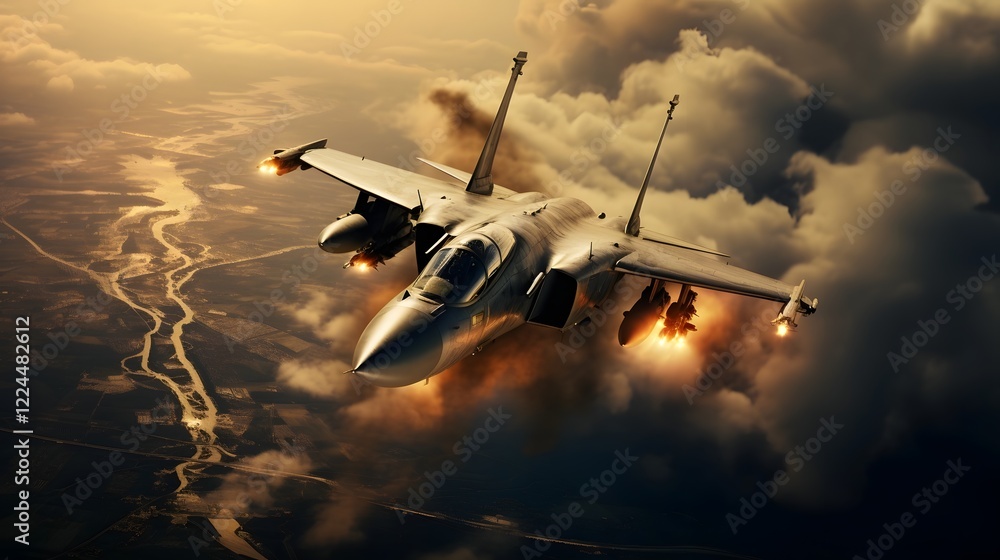 Powerful fighter jet soaring at high speed over a battlefield with ...