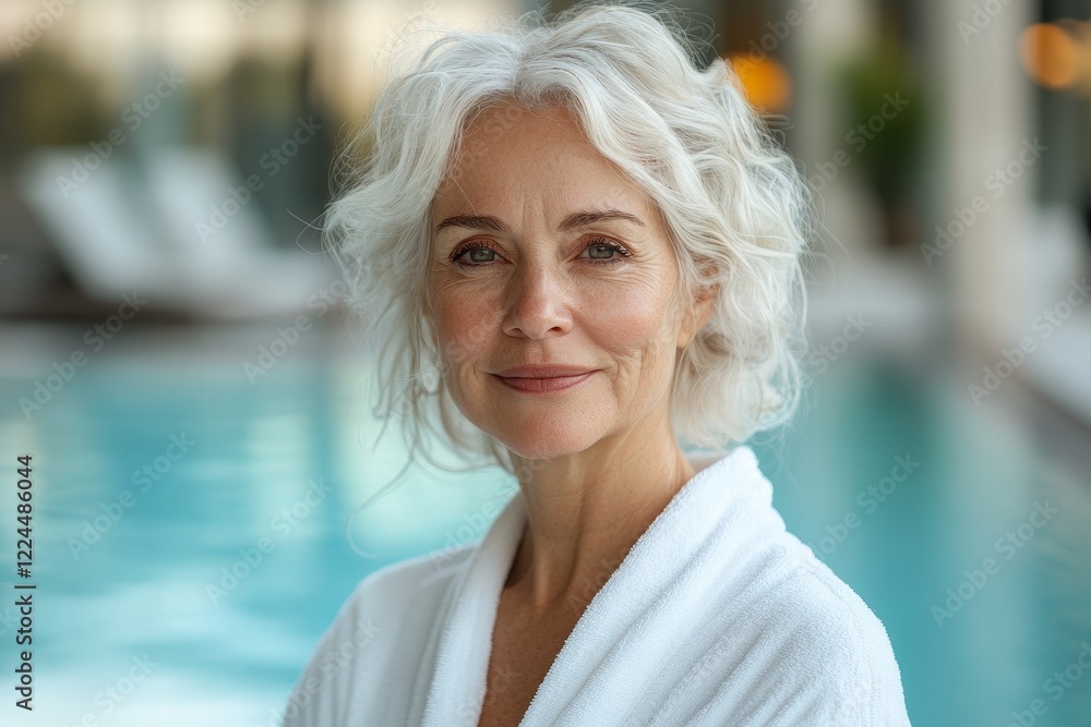 portrait of elegant caucasian woman 60 years old in white bathrobe on ...