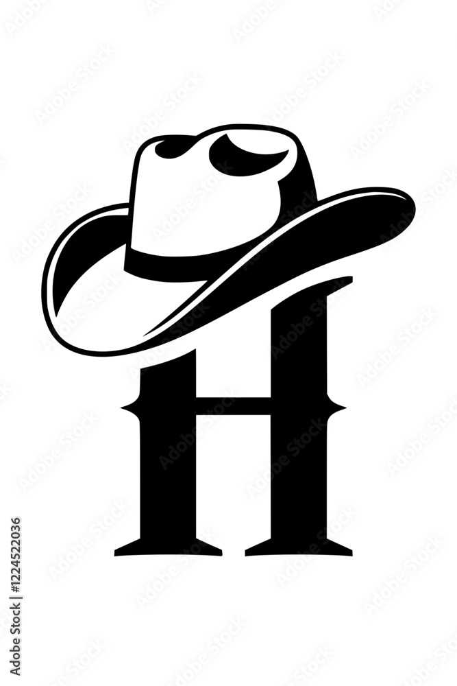 Letter H with Cowboy Hat Western Style , Black and white illustration ...