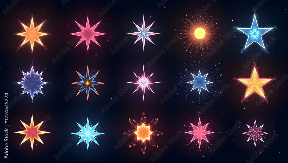 A selection of star icons in various colors and light effects are ...