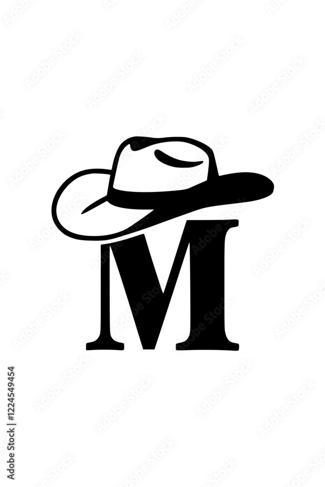 Letter M with Cowboy Hat Western Theme, Black and white illustration of ...
