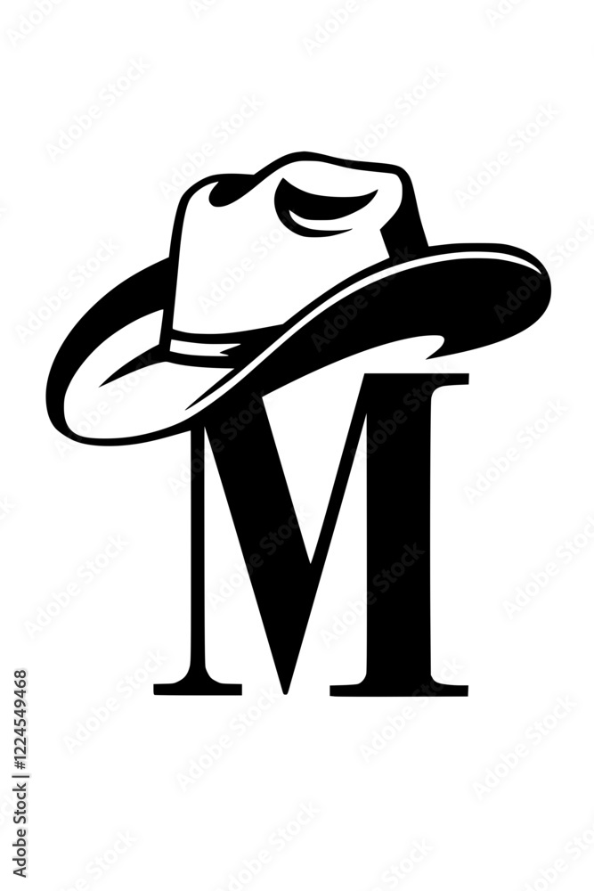 Letter M with Cowboy Hat Western Theme, Black and white illustration of ...