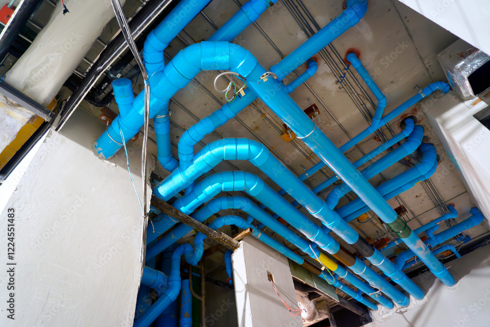 water system. Large blue pipe PVC in the construction of high-rise ...
