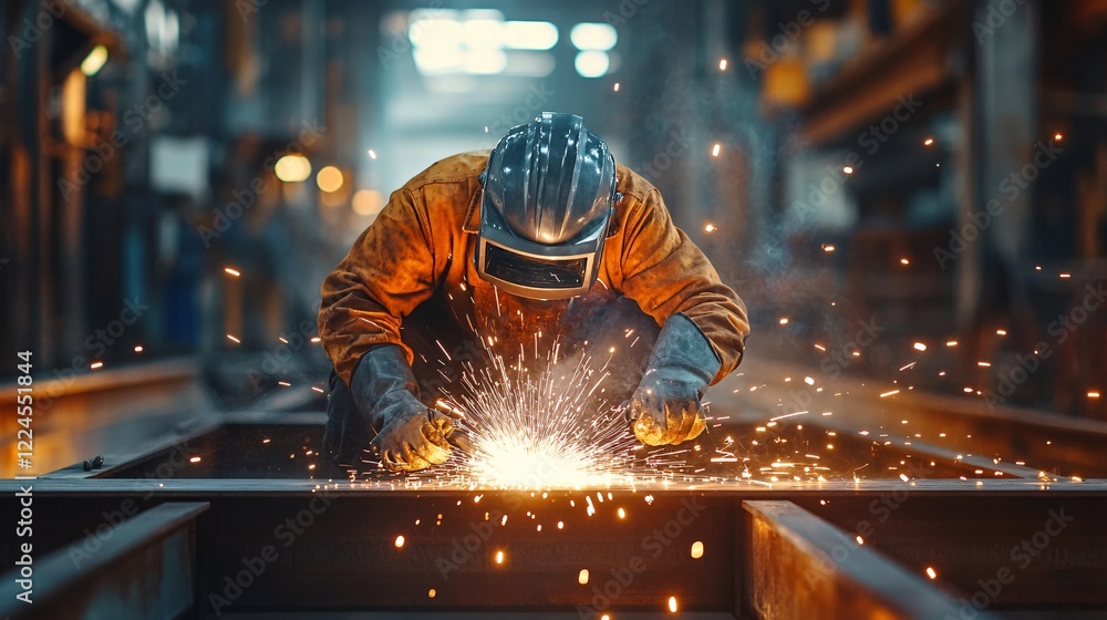 Welding sparks fly as skilled worker fabricates steel industrial ...