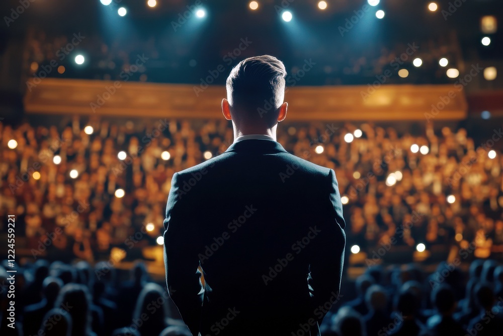 Man in Black Suit Standing on Stage Facing Large Audience with Bright ...