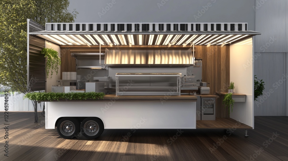 premium food truck concept, alternating striped awning, maple wood ...