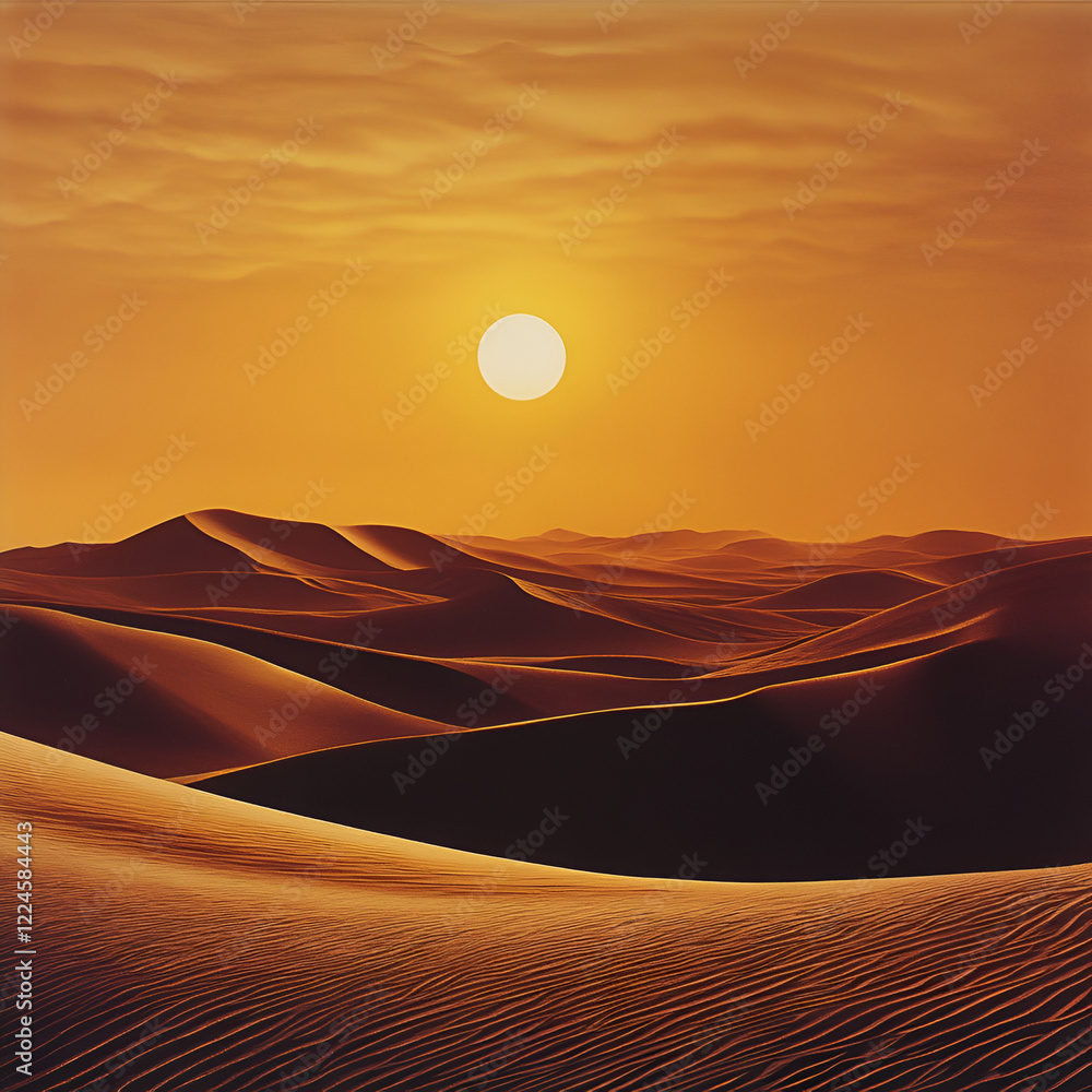 Desert Sunset: Golden sun descends casting long shadows across rolling ...