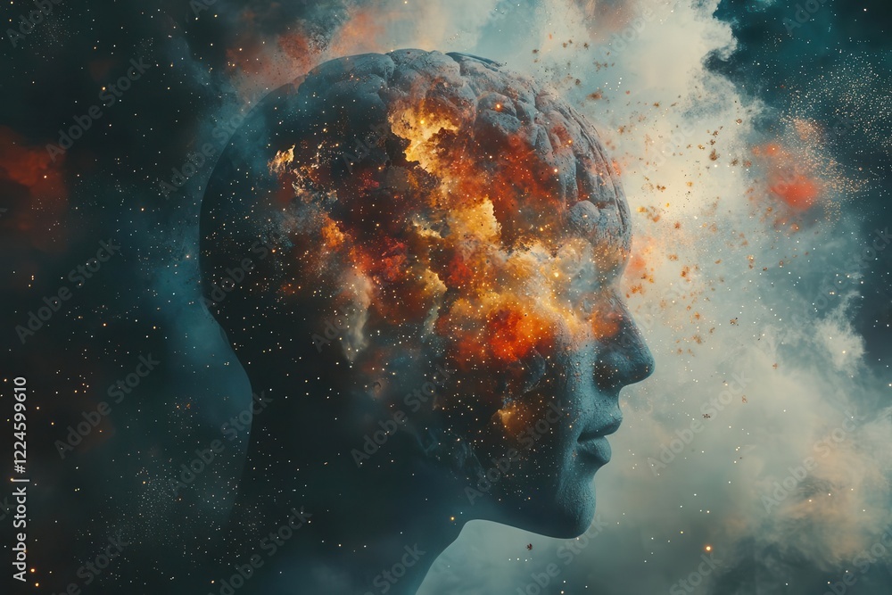 surreal digital artwork of human head exploding into constellation of ...