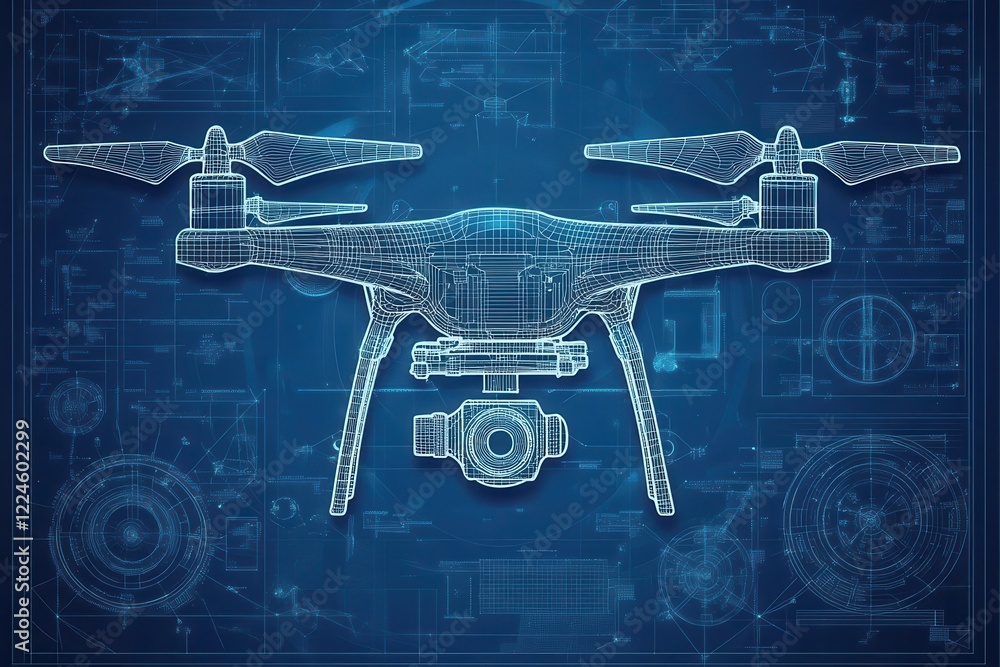 technical drone schematic detailed wireframe blueprint of quadcopter ...