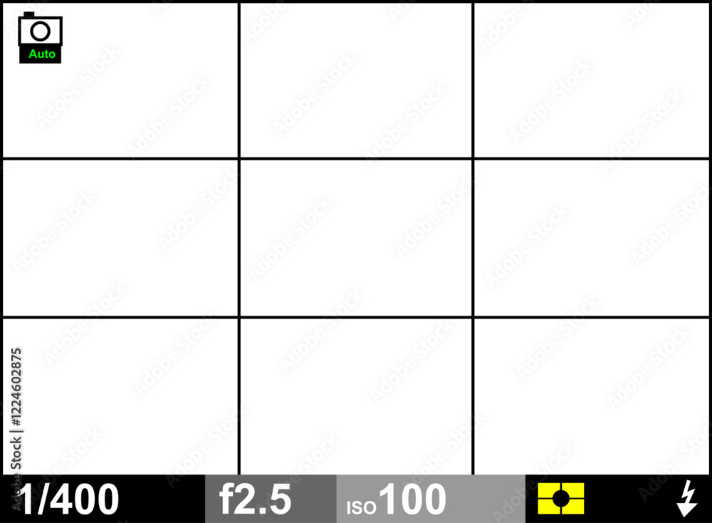 Camera viewfinder overlay with grid lines, showing settings shutter ...
