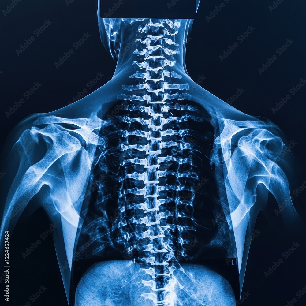 An X-ray image displaying the human spine and shoulder area ...