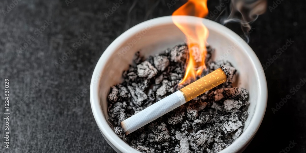 Cigarette burning in ashtray indoor setting focus on fire smoke and ...