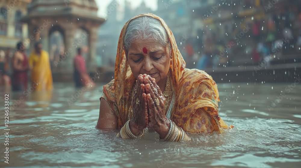 indian woman aged in traditional saree, drench, without any jewellery ...